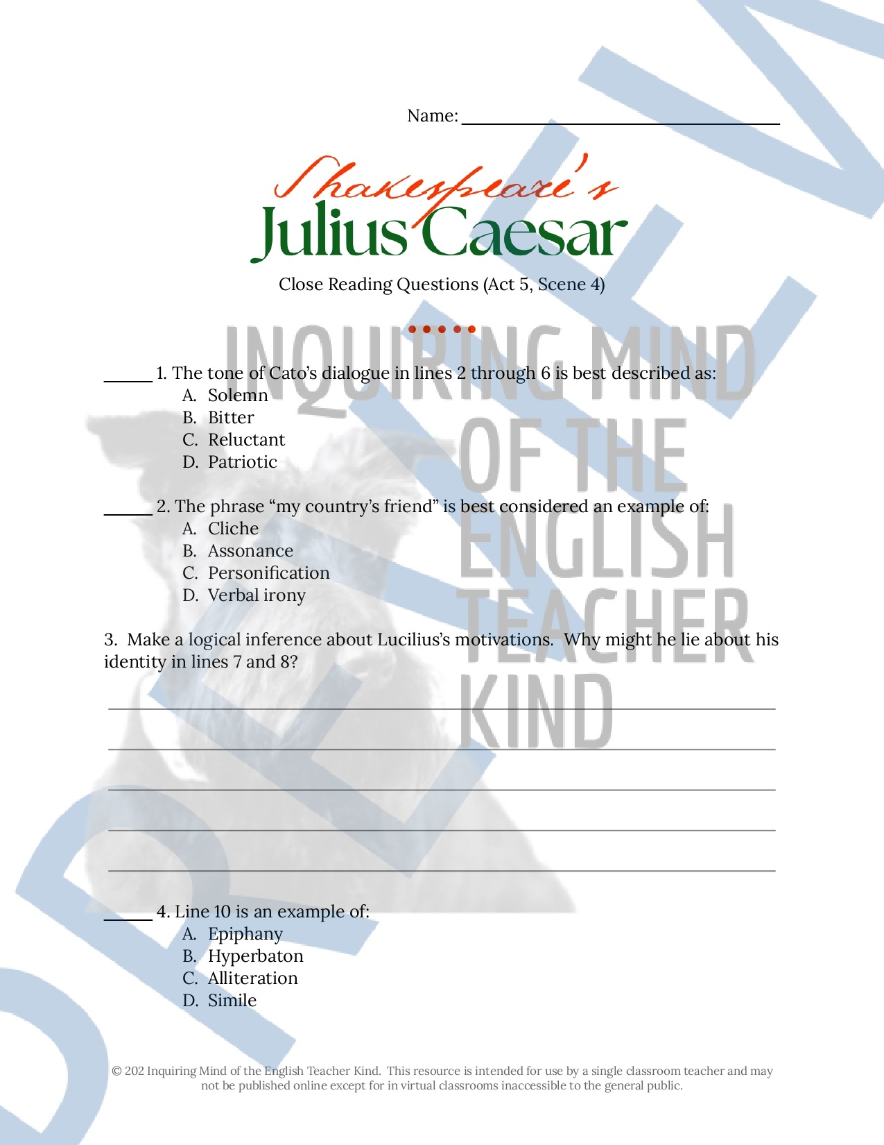 Julius Caesar Act 5 Scene 4 Close Reading Analysis Worksheet and Answer ...