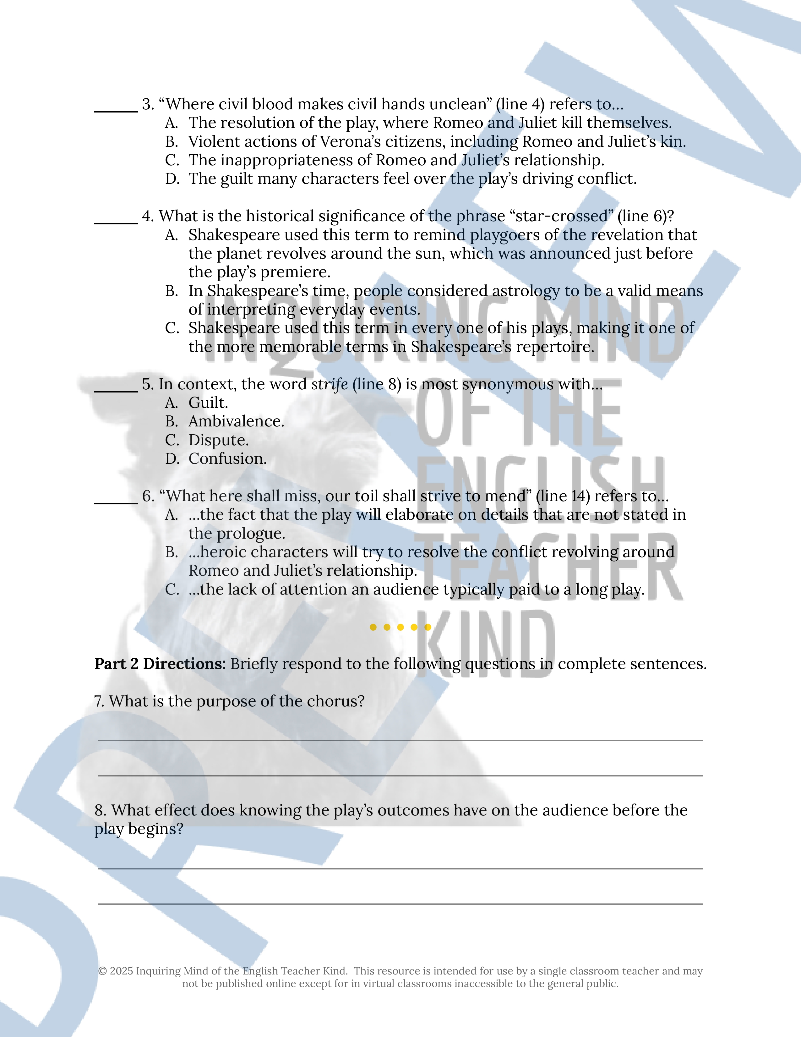 Romeo and Juliet Act 1 Prologue Close Reading Worksheet | Teaching ...