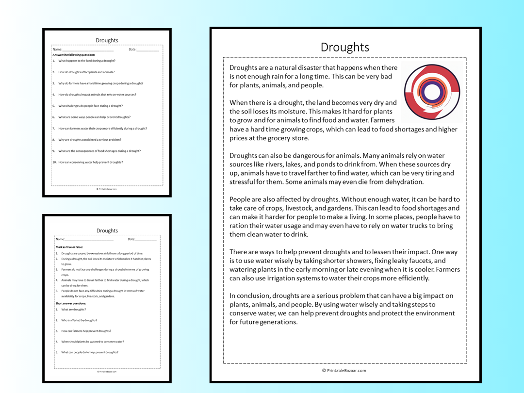 Droughts Reading Comprehension Passage Printable Worksheet | Teaching Resources