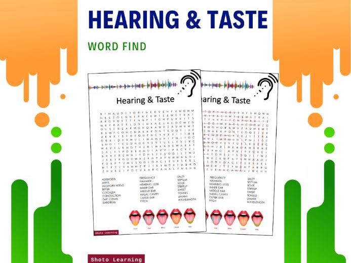 HEARING AND TASTE SCIENCE ACTIVITY WORD FIND SEARCH CROSSWORD 