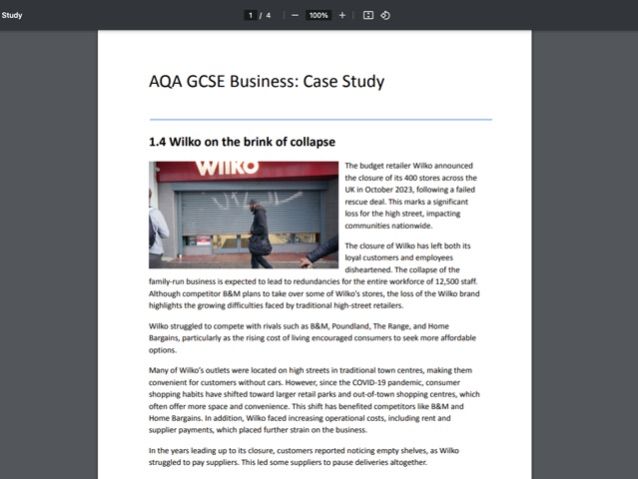 AQA GCSE Unit 1 Business Case Study Activity Pack | Teaching Resources