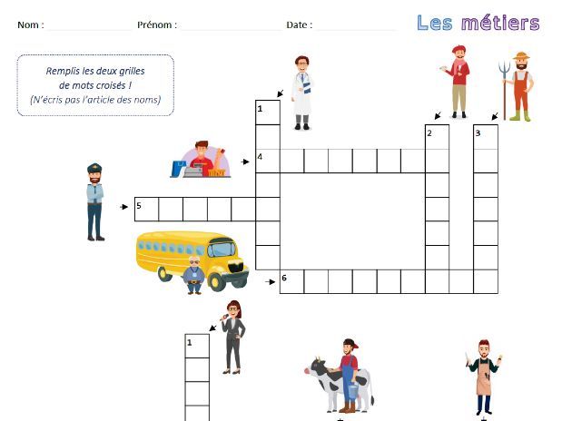  French Basics 1st 2nd Grade Crossword Puzzles Les M tiers 