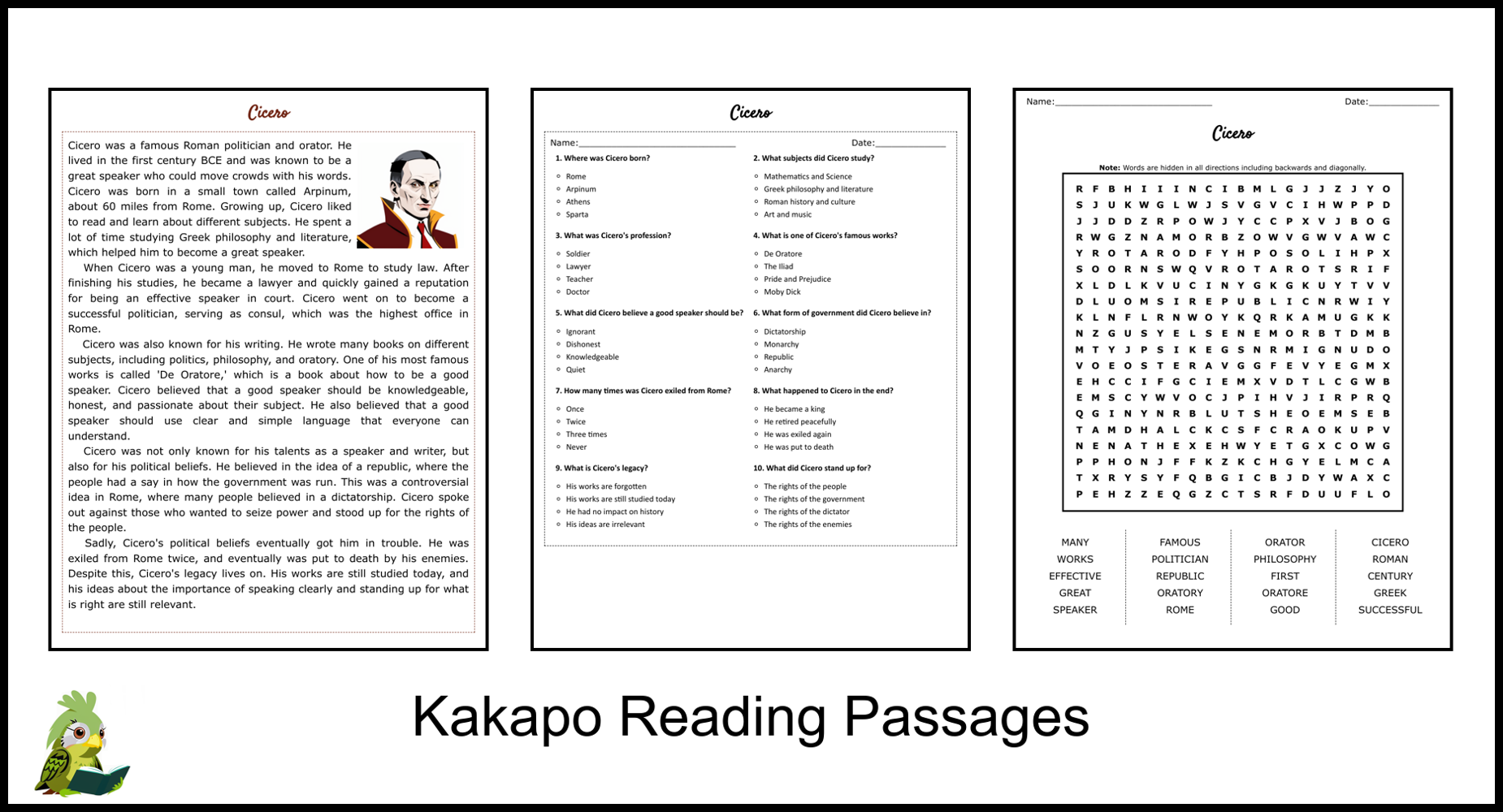 Cicero Reading Comprehension and Word Search | Teaching Resources