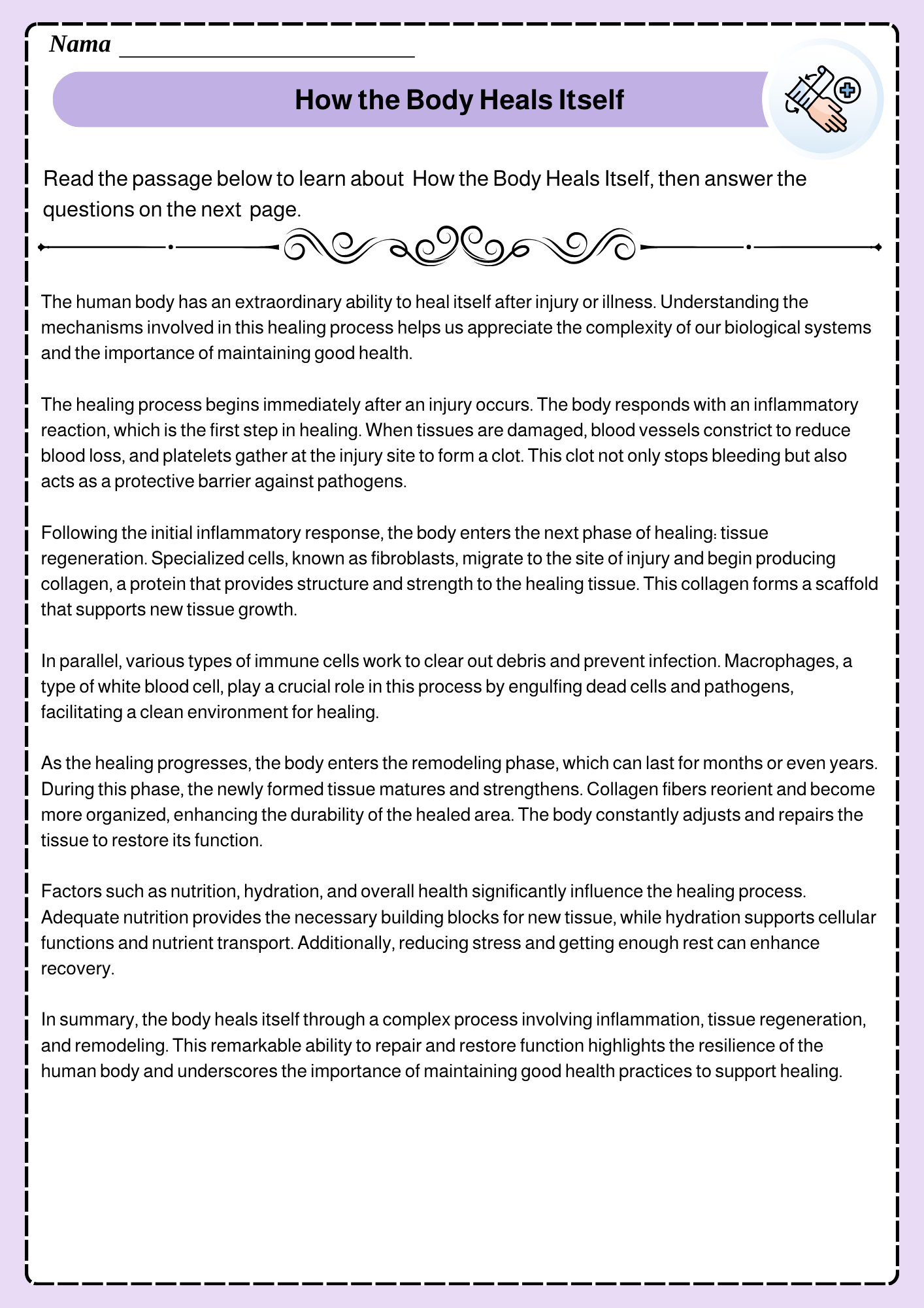 How the Body Heals Itself Reading Comprehension Passages & Questions ...