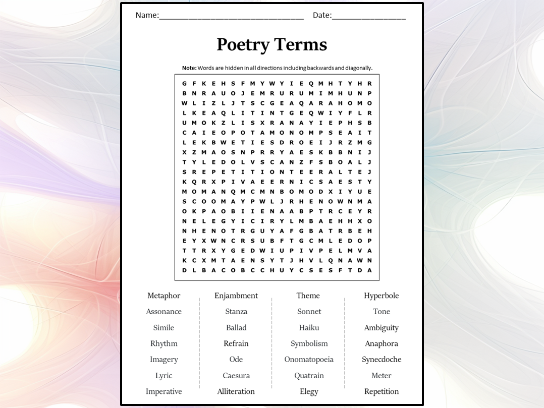 Poetry Terms Word Search Printable Word Search Maker