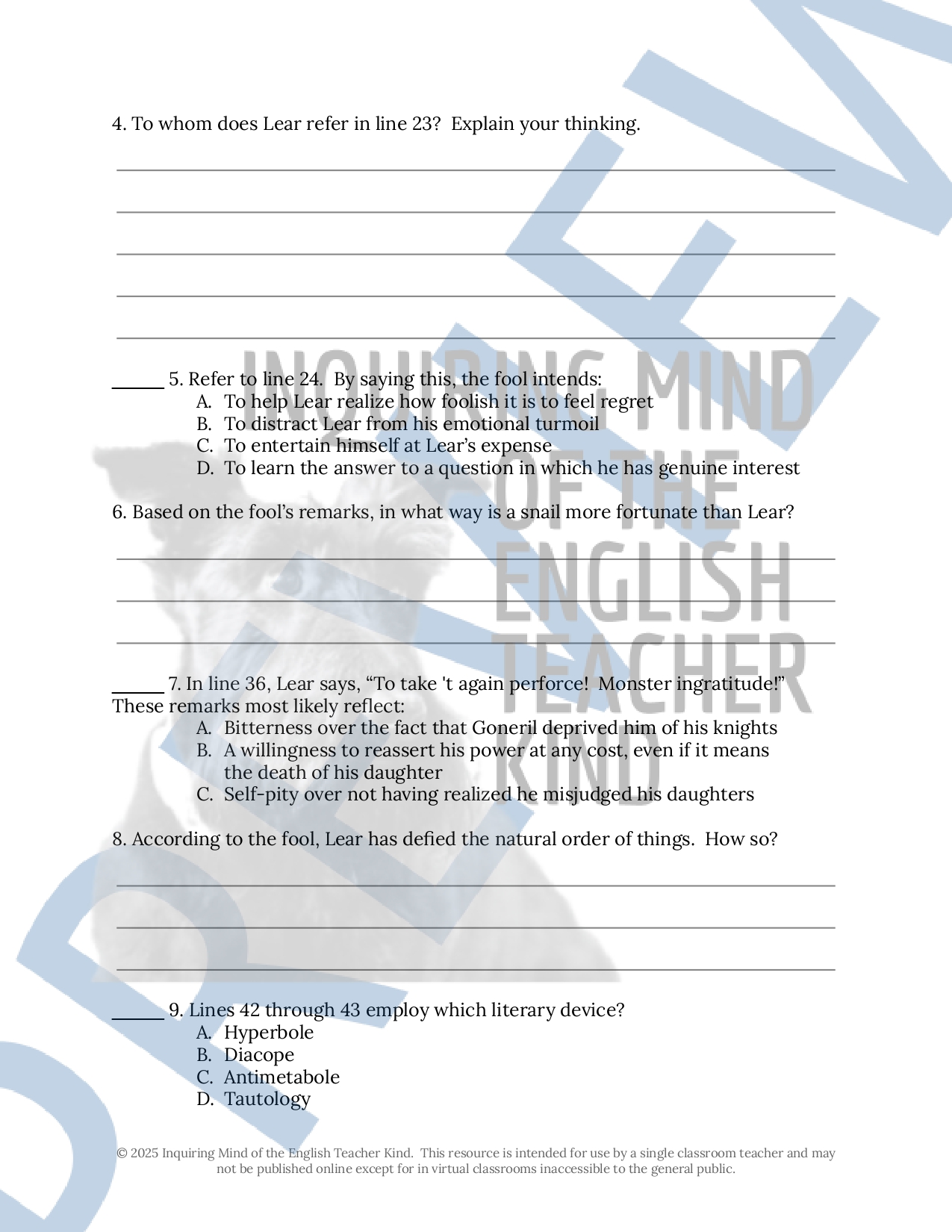 King Lear Act 1 Scene 5 Close Reading Inference Worksheet | Teaching ...