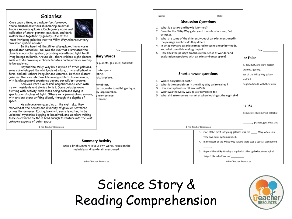 Galaxies Reading Science Story Comprehension Questions Worksheet ...