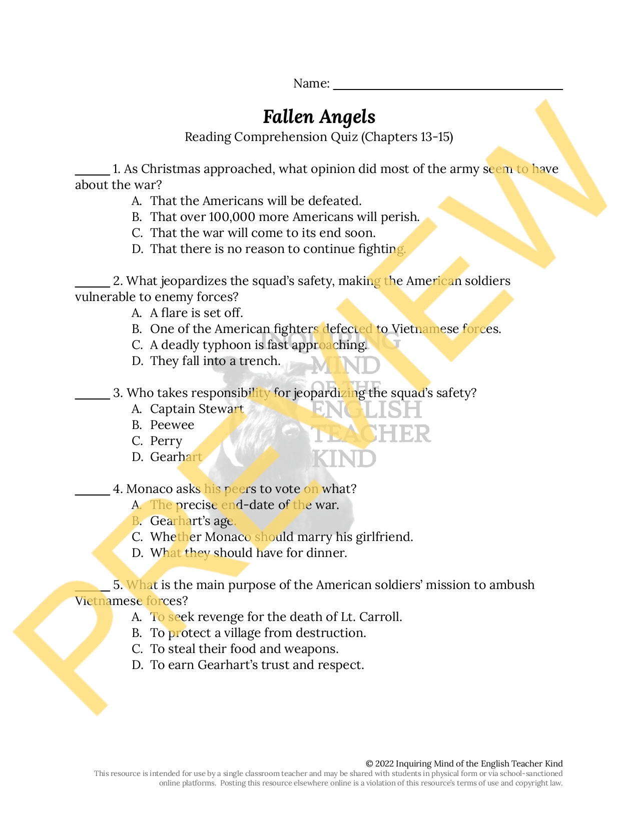 Fallen Angels by Walter Dean Myers Chapters 13 through 15 Quiz ...