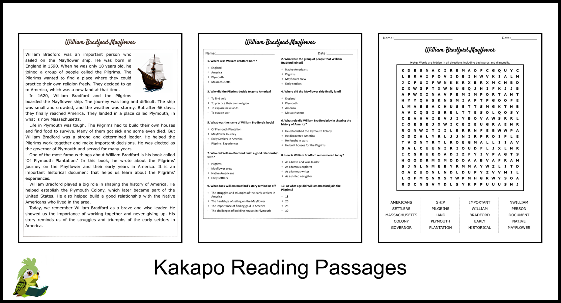 William Bradford Mayflower Reading Comprehension and Word Search ...
