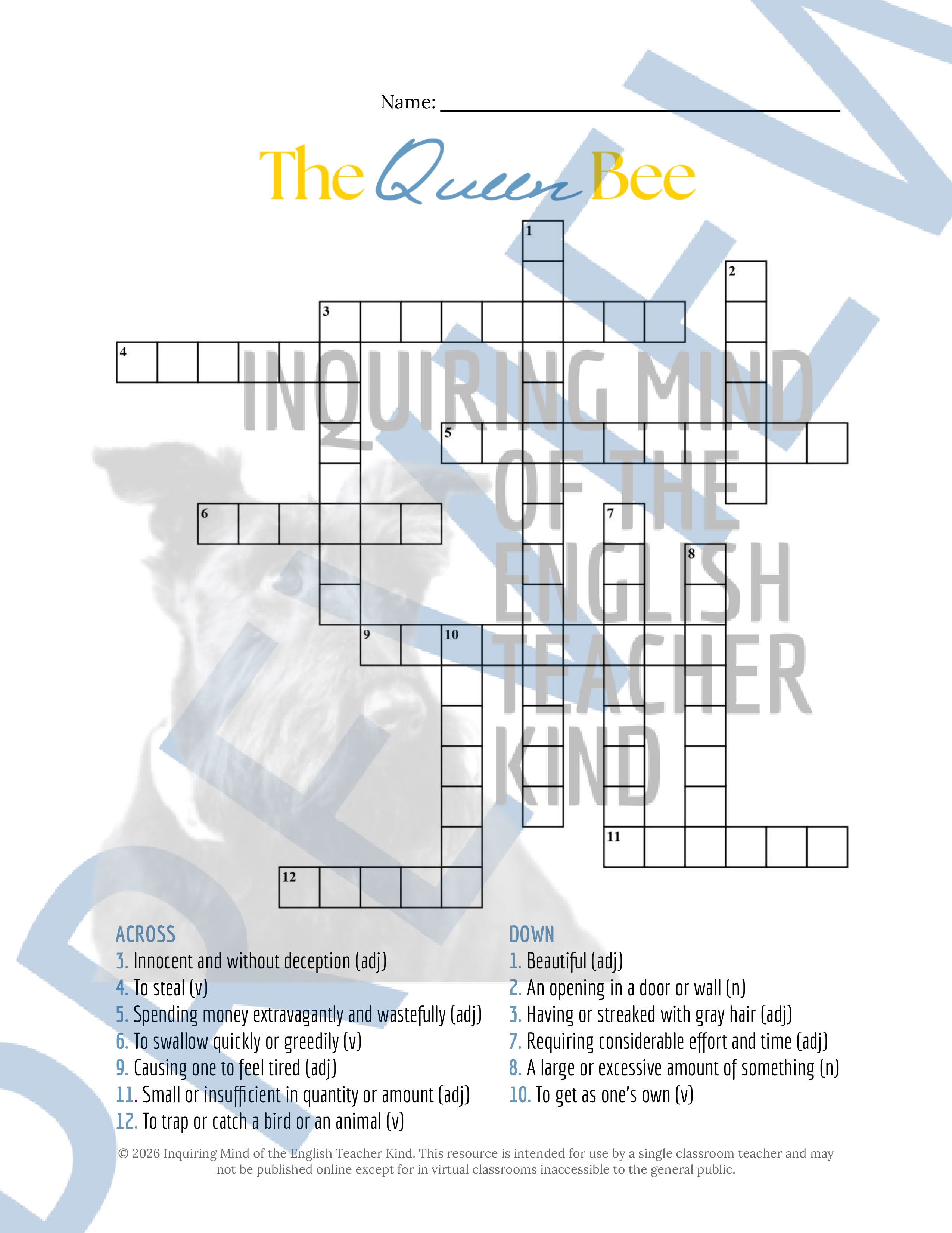 "The Queen Bee" Vocabulary Games | Grimm's Fairy Tale | Crossword ...