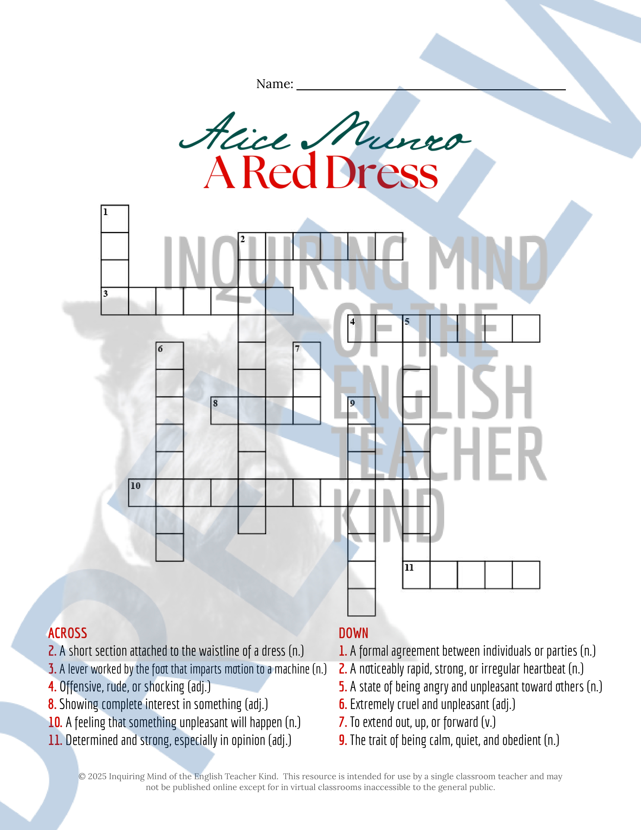 "A Red Dress" by Alice Munro Vocabulary Enrichment Activities ...