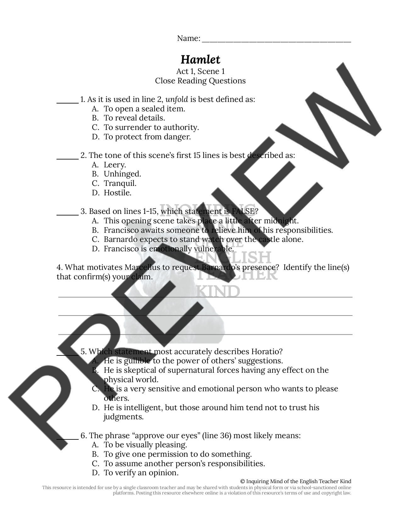 Hamlet Act 1 Scene 1 Close Reading Worksheet | Teaching Resources