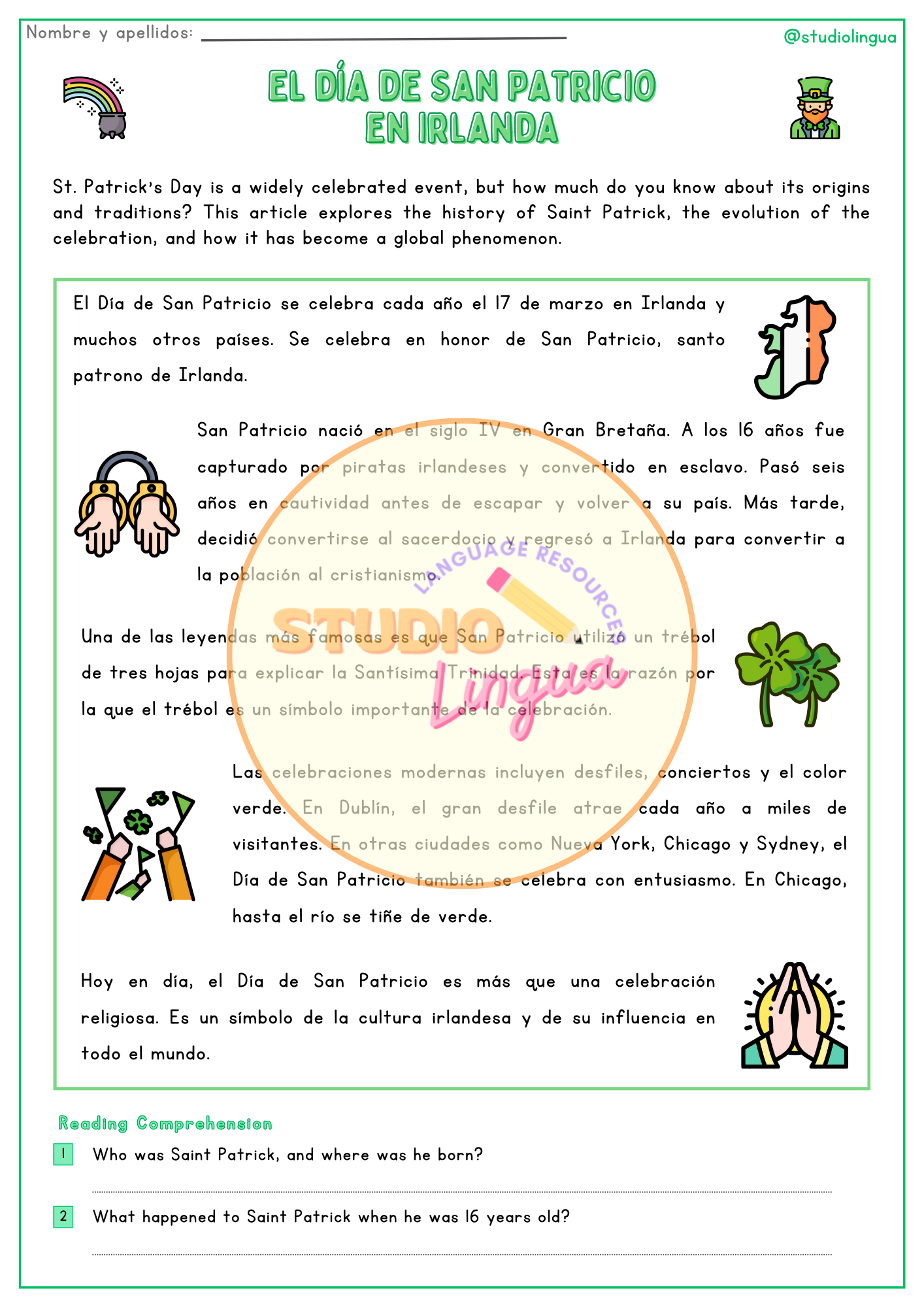St. Patrick’s Day Spanish Reading Comprehension | Printable PDF | GCSE ...
