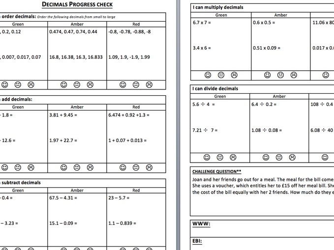 Decimals progress check - differentiated worksheet | Teaching Resources