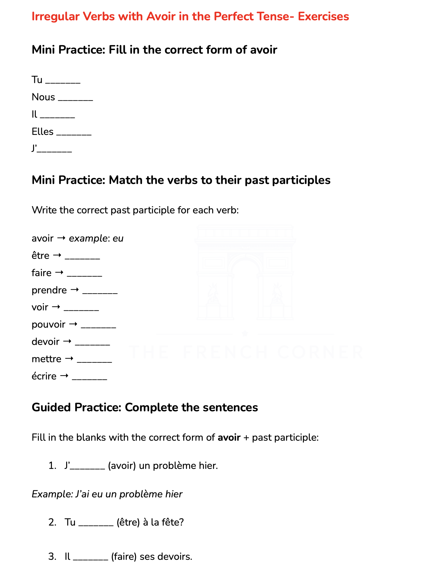FREE French Perfect Tense - Irregular verbs with avoir Practice for KS3 ...