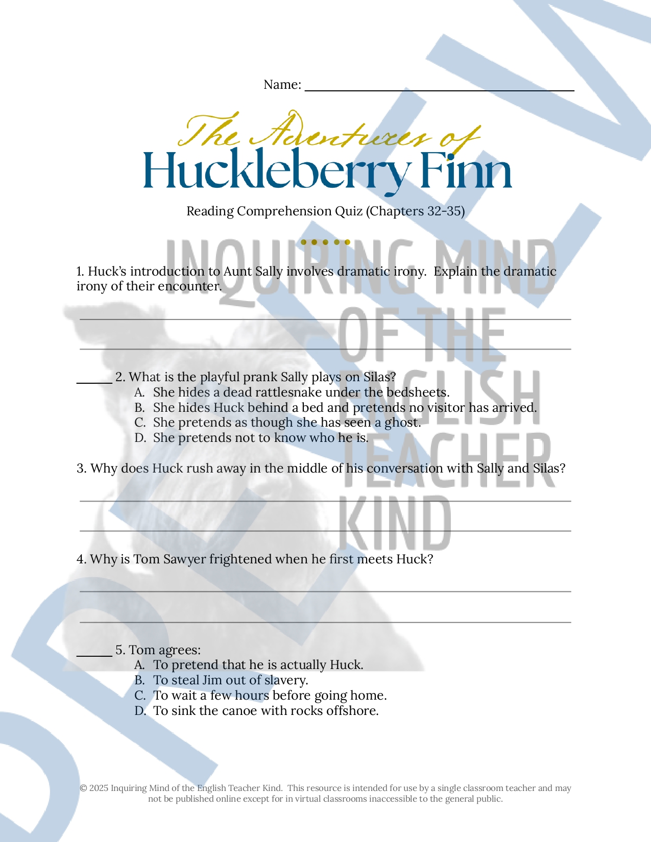 The Adventures of Huckleberry Finn Chapters 32, 33, 34, and 35 Quiz and ...