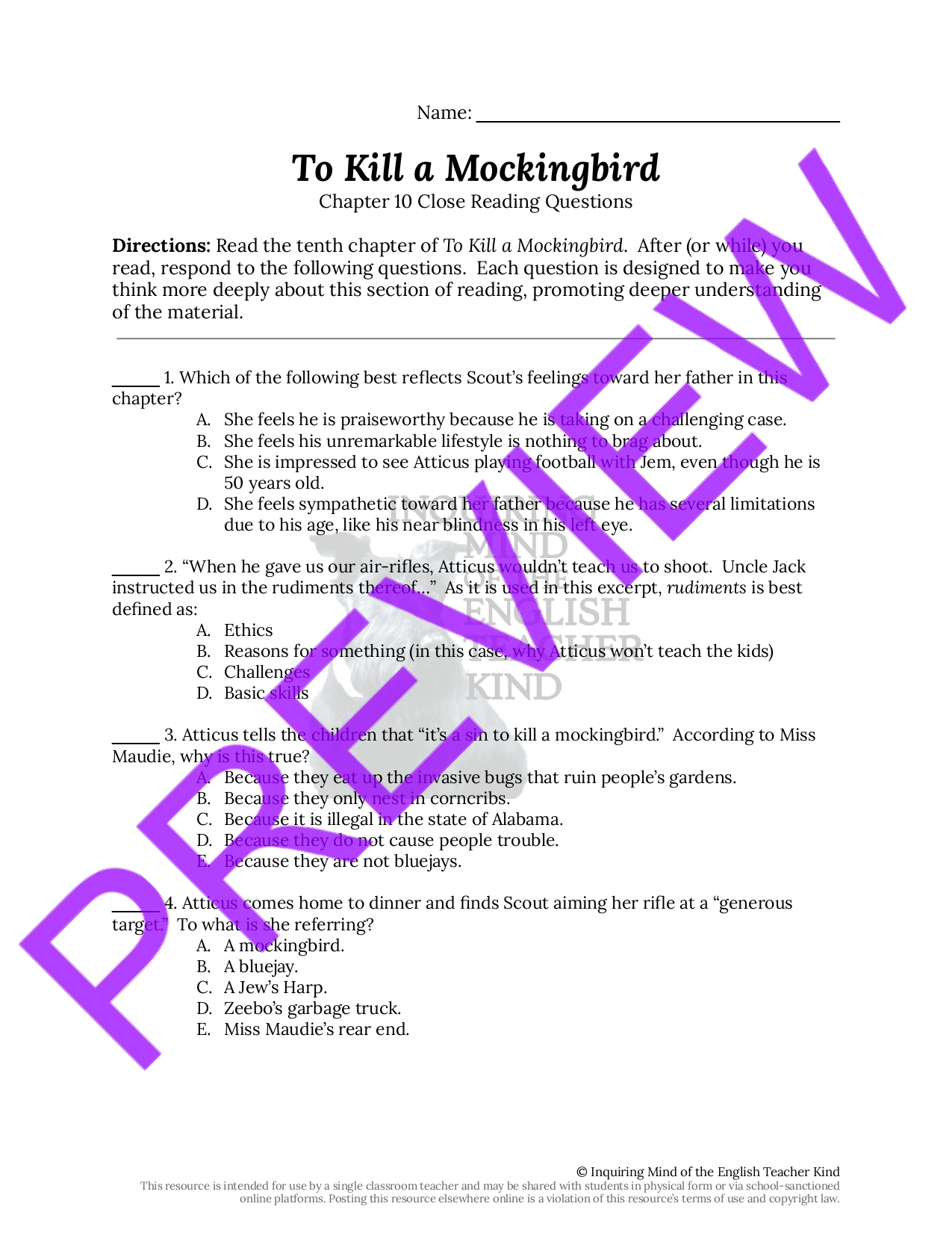 To Kill a Mockingbird Chapter 10 Close Reading Worksheet | Teaching ...