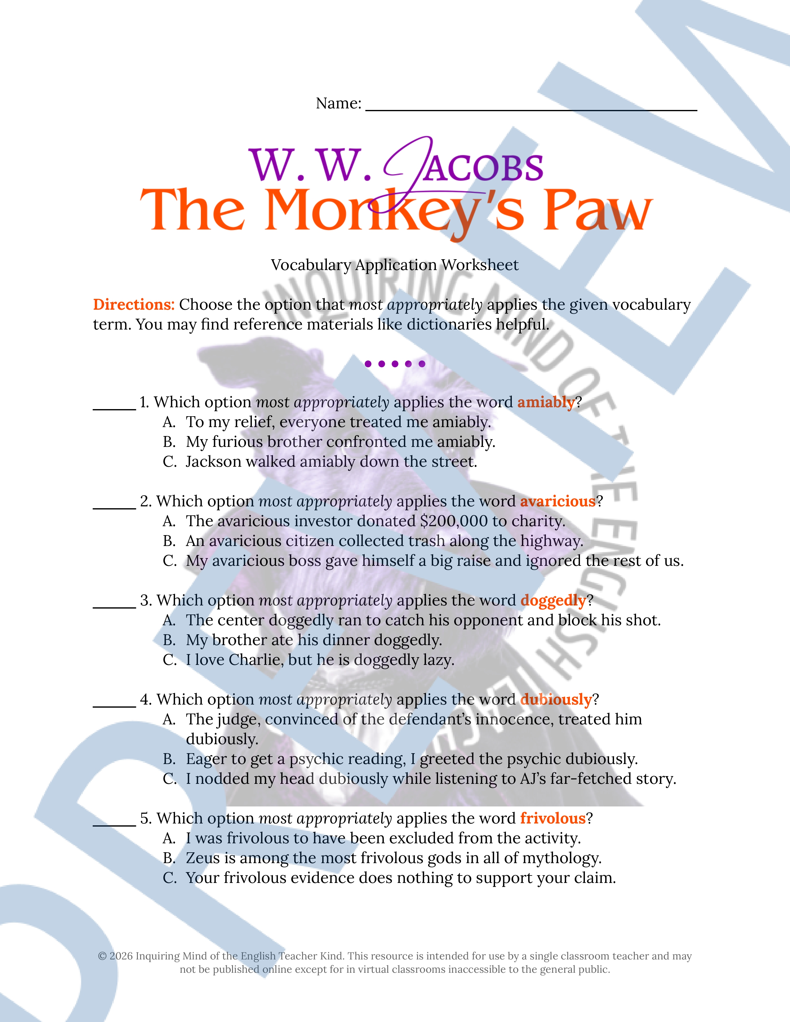 "The Monkey's Paw" Vocabulary Worksheet, Crossword Puzzle, Word Search ...
