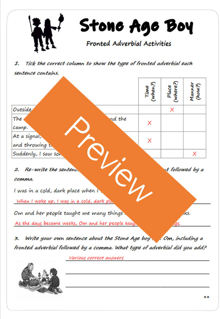 Stone Age Boy Fronted Adverbials Differentiated Worksheets & Answers ...