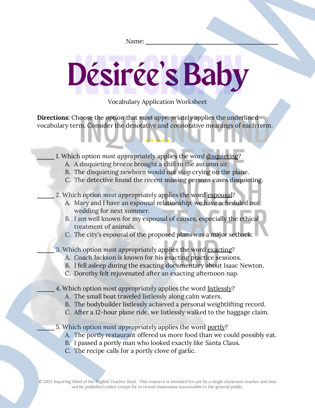"Desiree's Baby" by Kate Chopin Vocabulary Games and Activities ...