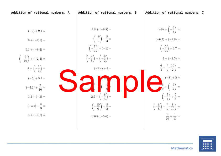 Addition of Rational Numbers | Printable Worksheet | Teaching Resources