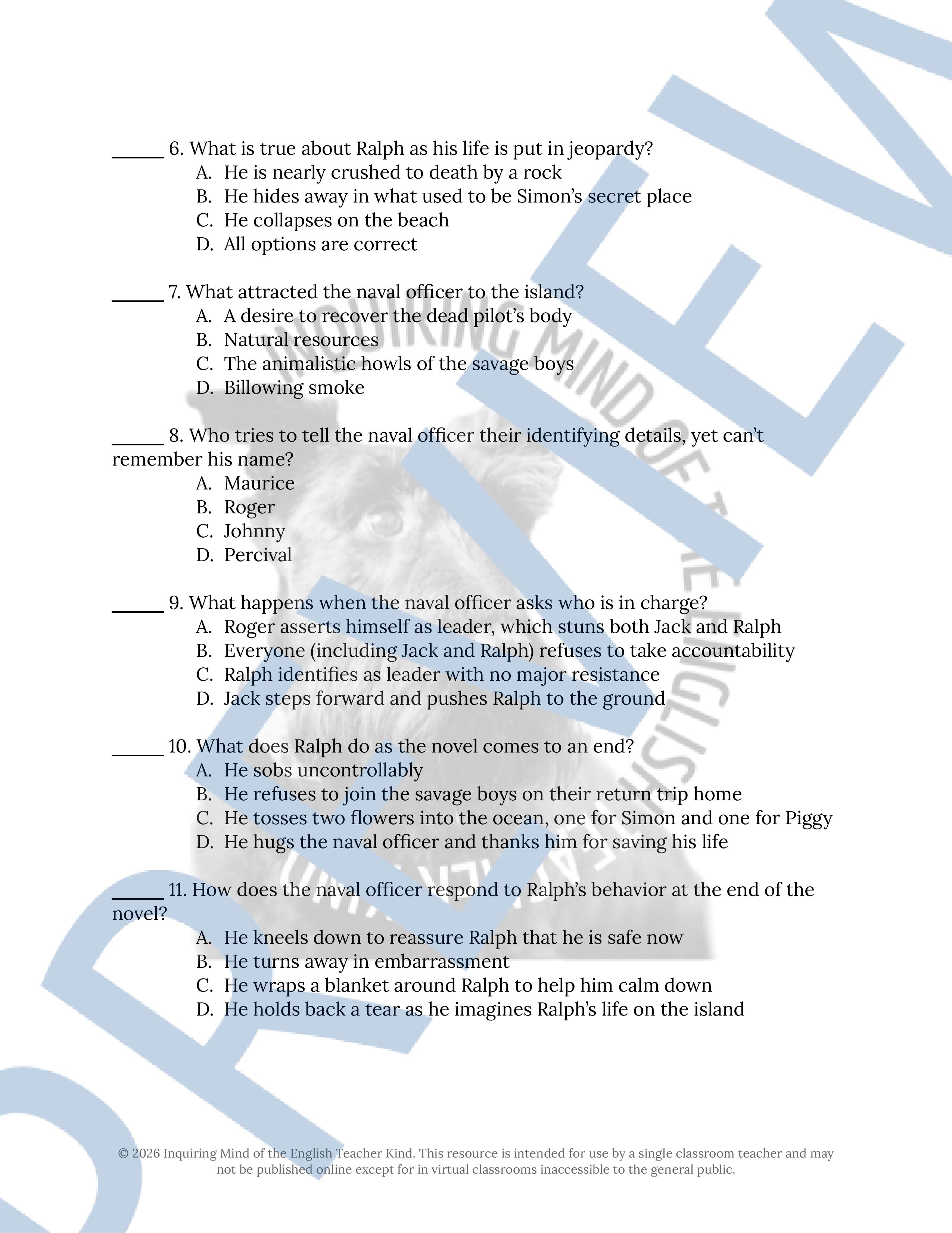 Lord of the Flies Chapter 12 Quiz and Answer Key | Guided Reading ...