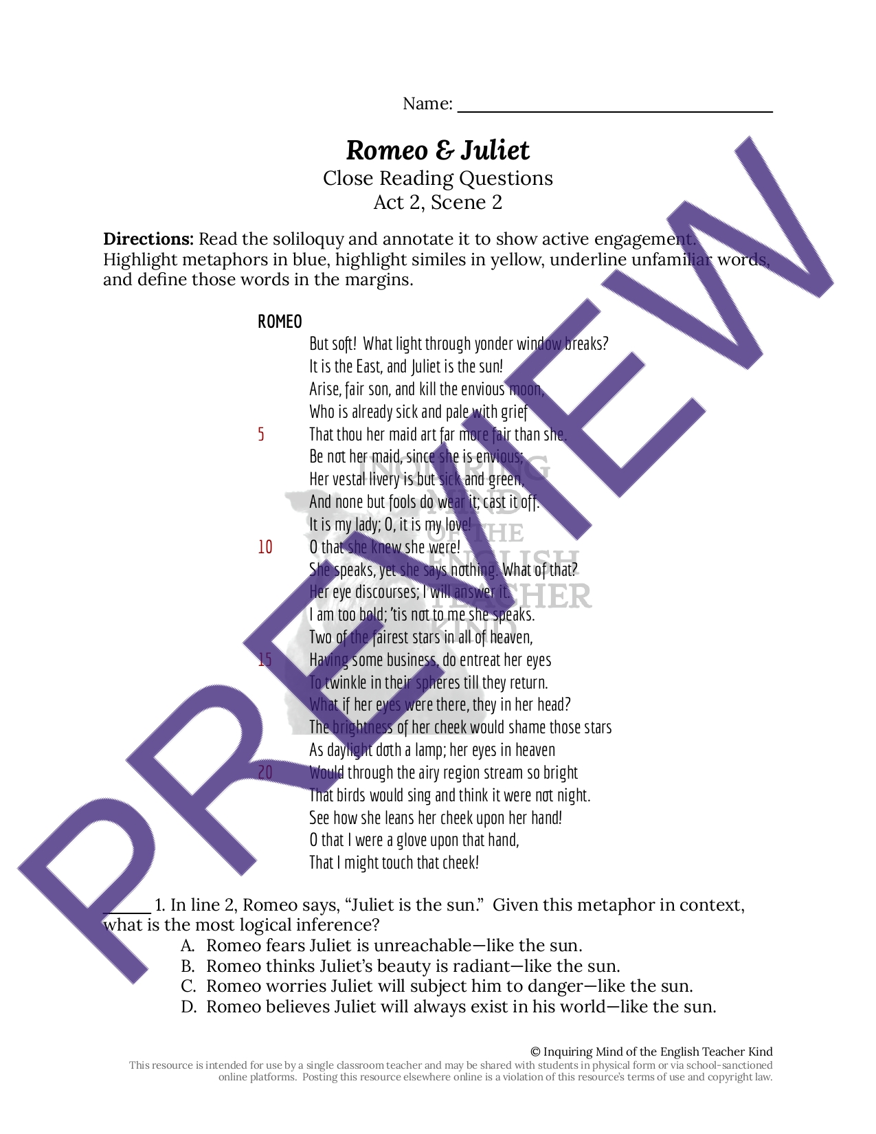 Romeo and Juliet Act 2 Scene 2 Close Reading Worksheet | Teaching Resources