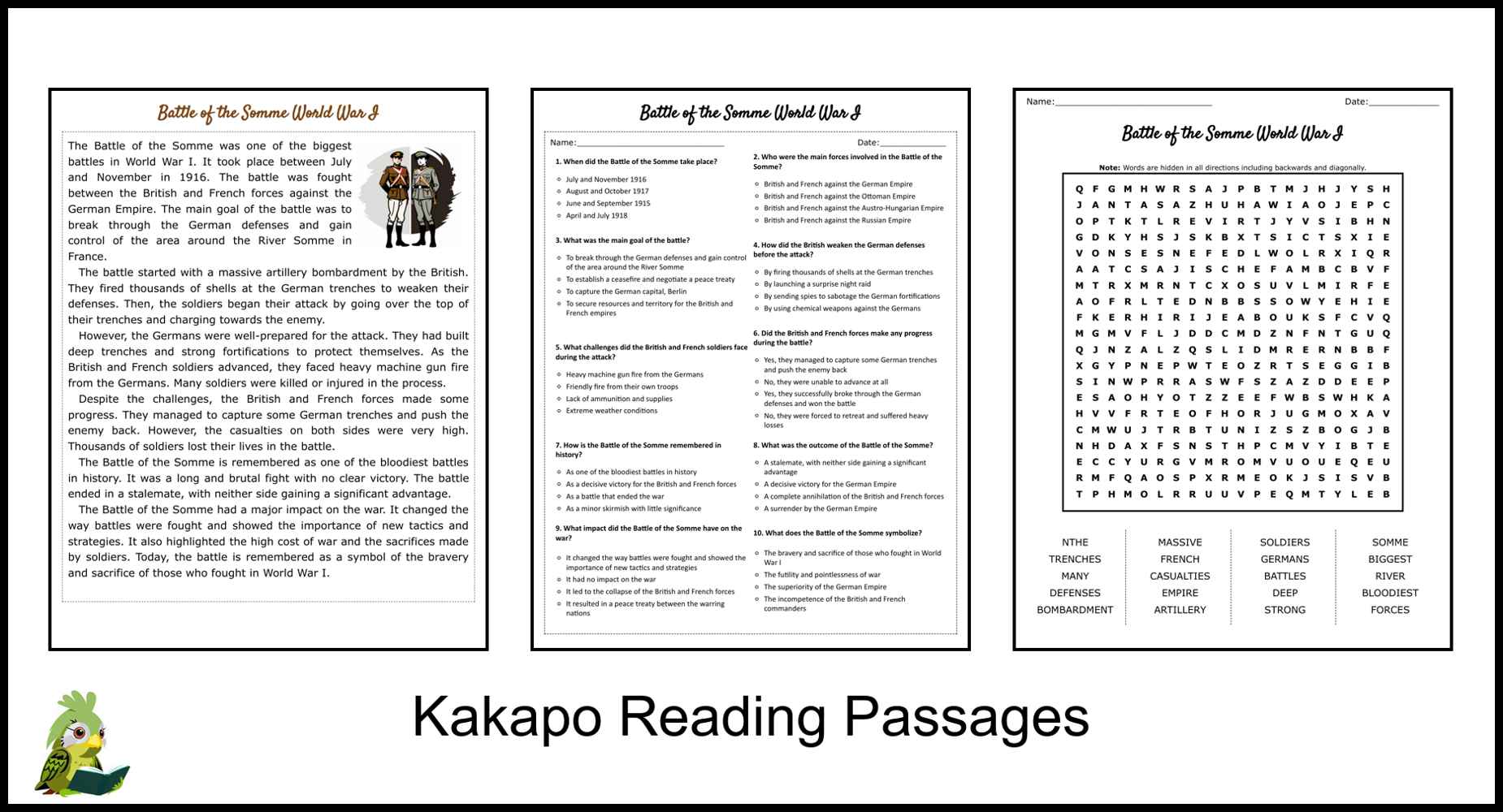 Battle of the Somme World War I Reading Comprehension and Word Search ...