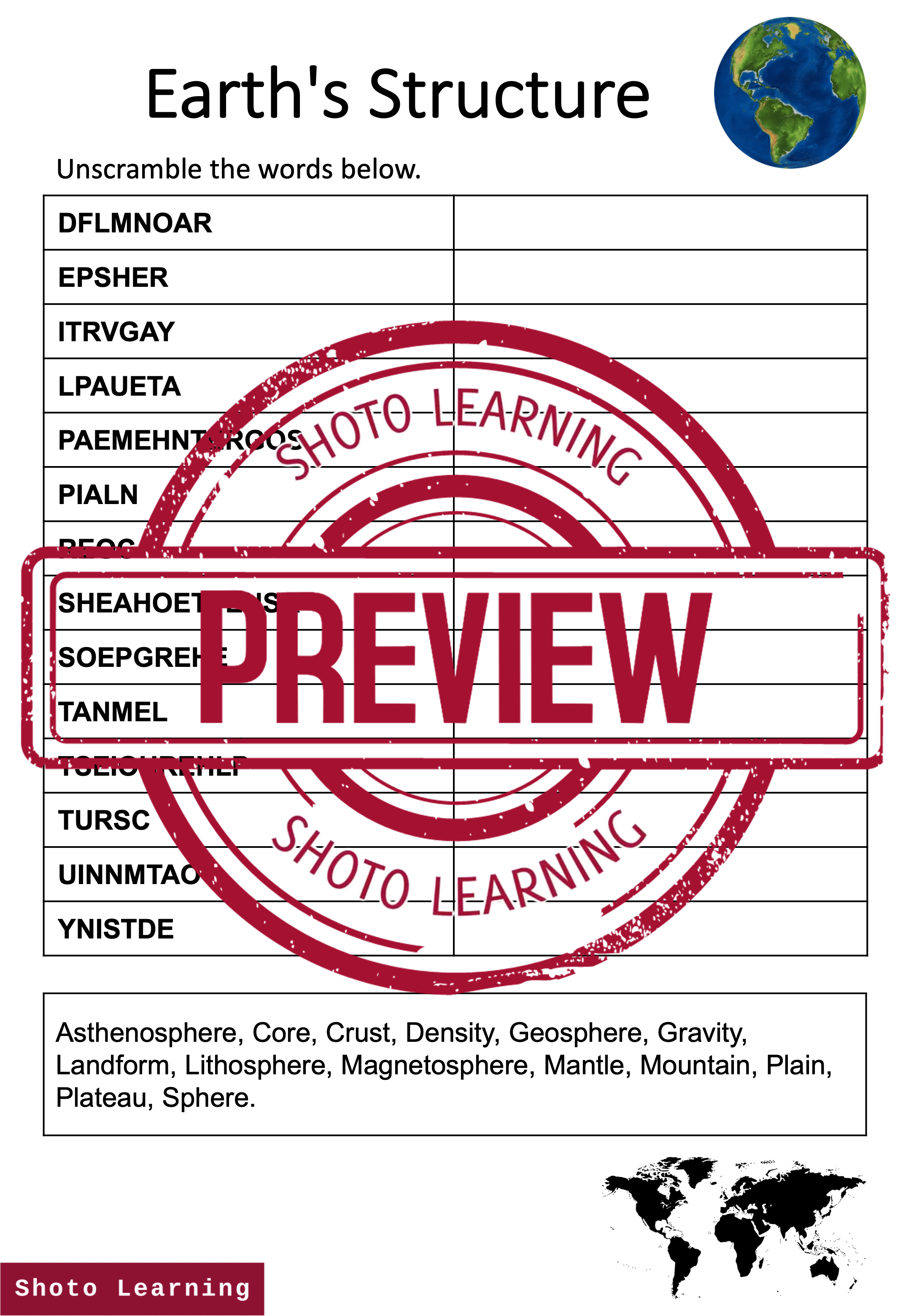 EARTHS STRUCTURE SCIENCE ACTIVITY - SCRAMBLE WORDS UNSCRAMBLE ...
