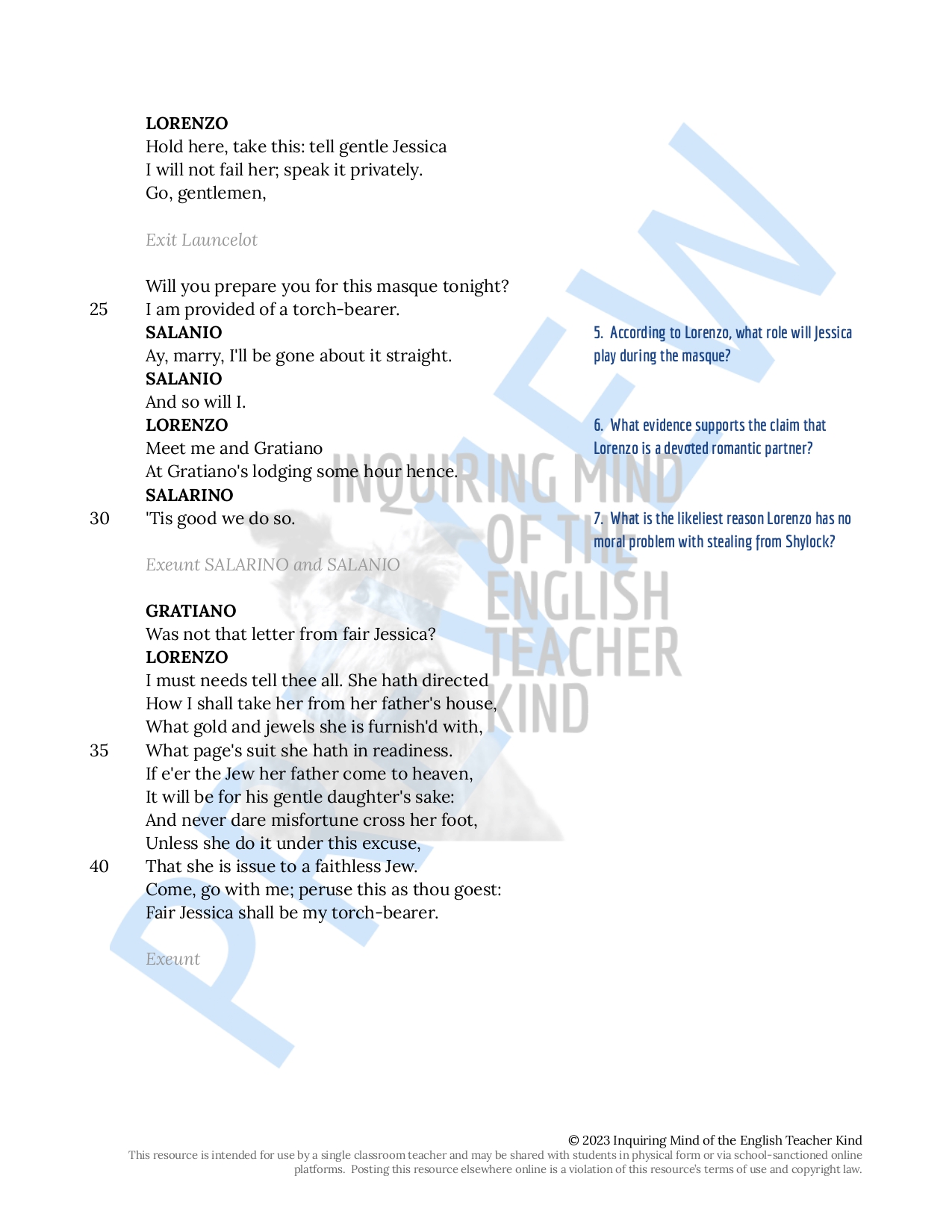 The Merchant of Venice Act 2 Scene 4 Close Reading Analysis Activity ...
