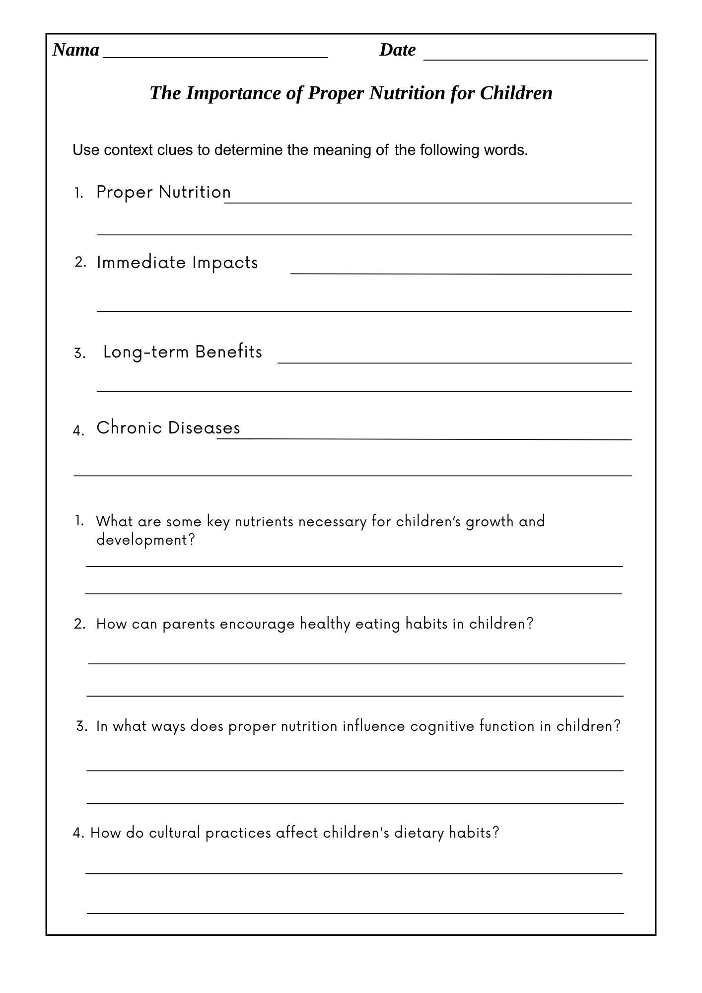 The Importance of Proper Nutrition for Children – Reading Comprehension ...