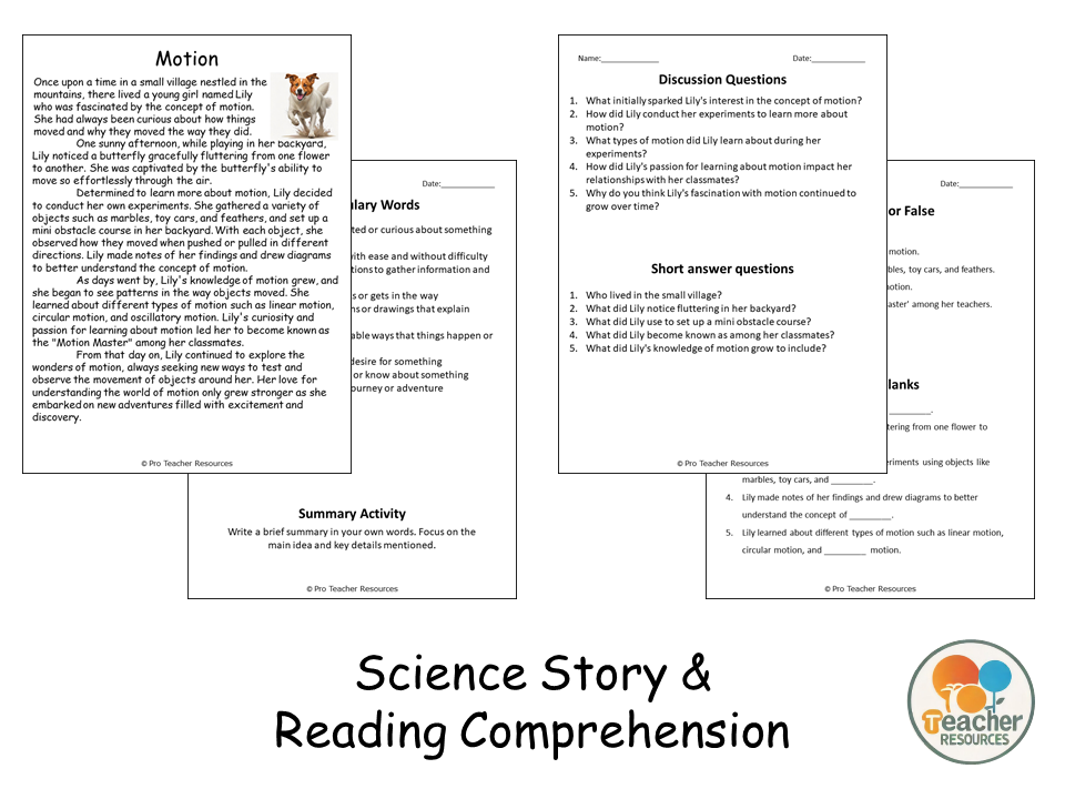 Motion Reading Science Story Comprehension Questions Worksheet ...