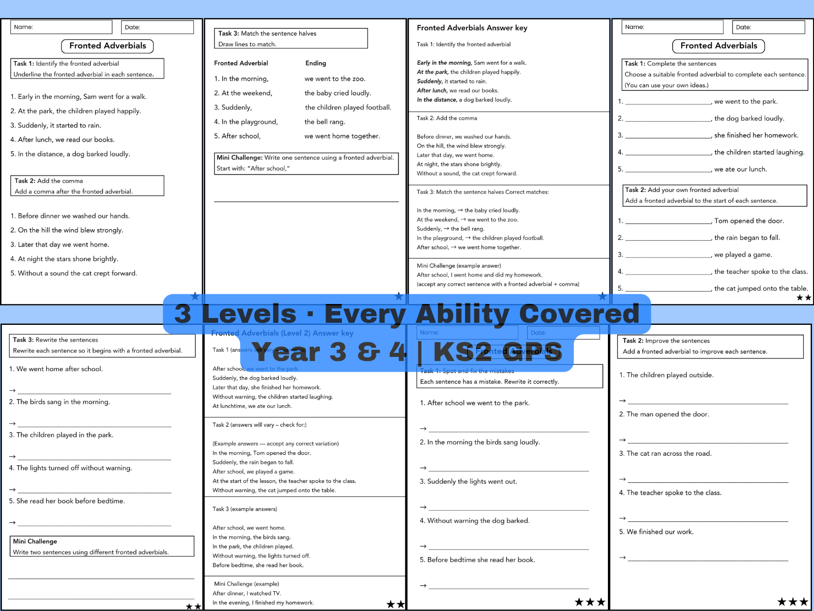 Fronted Adverbials Worksheets | Year 3 & 4 KS2 | 3 Differentiated ...