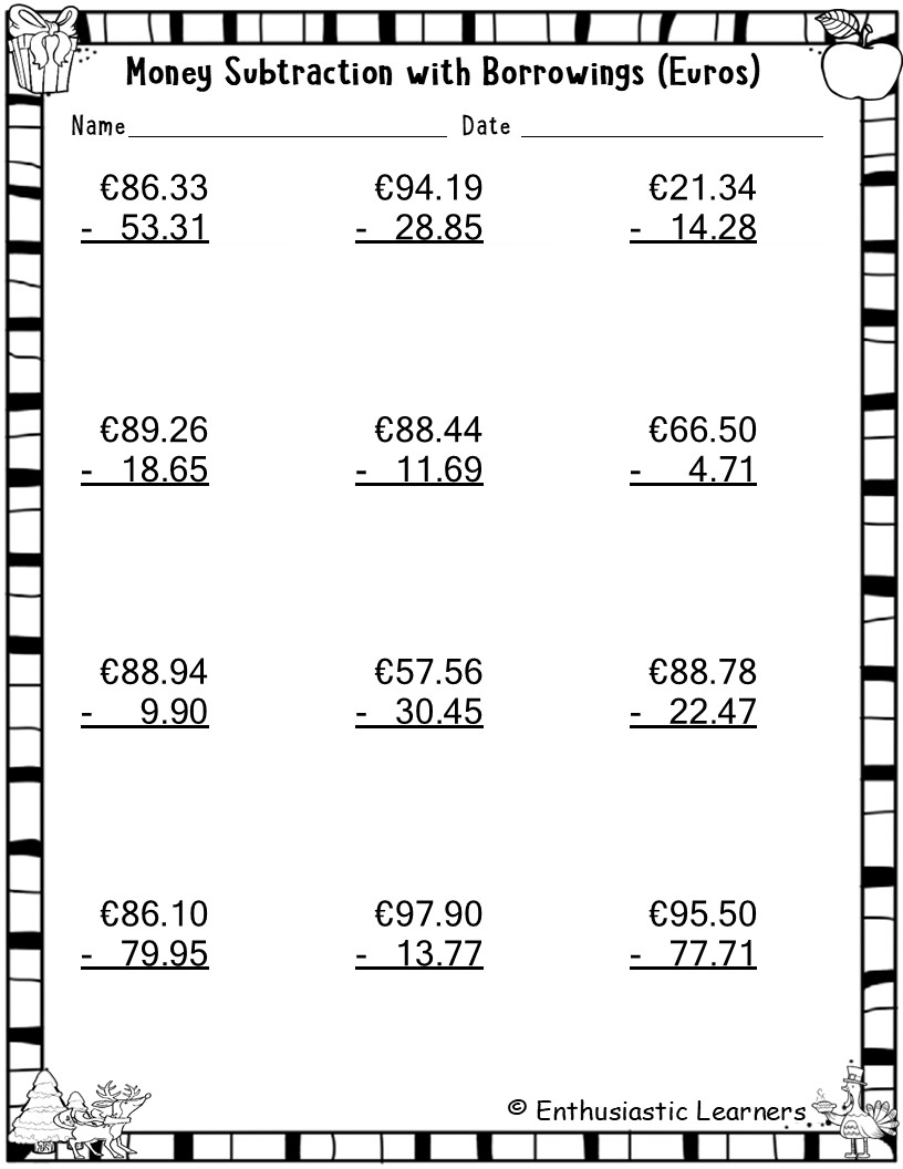 Money Subtraction with Borrowing | Euros and Cents | Worksheets ...