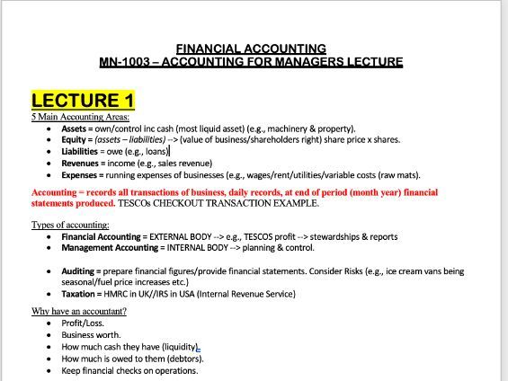 University Year 1 Financial Accounting Lecture Notes Teaching Resources