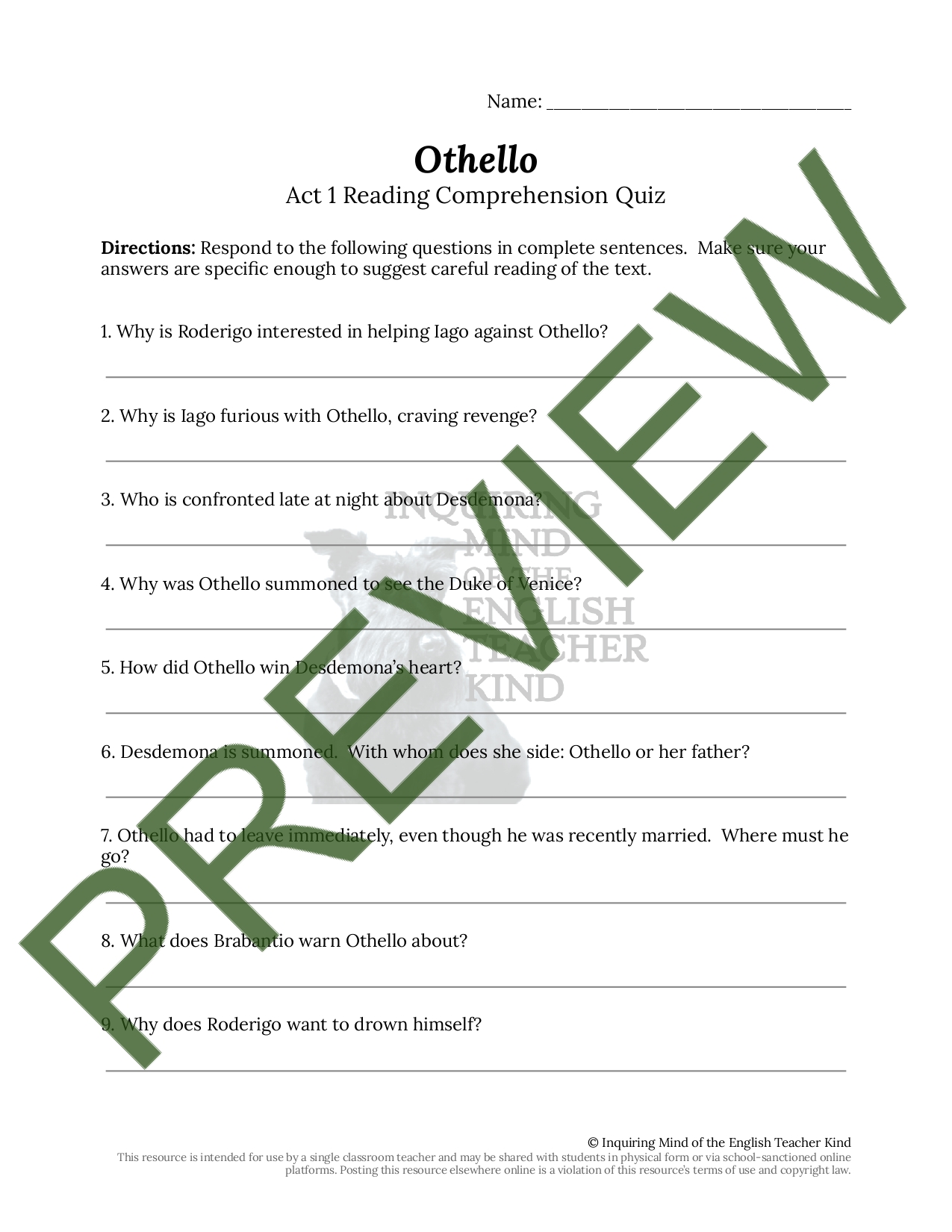 Othello Act 1 Quiz and Answer Key | Teaching Resources