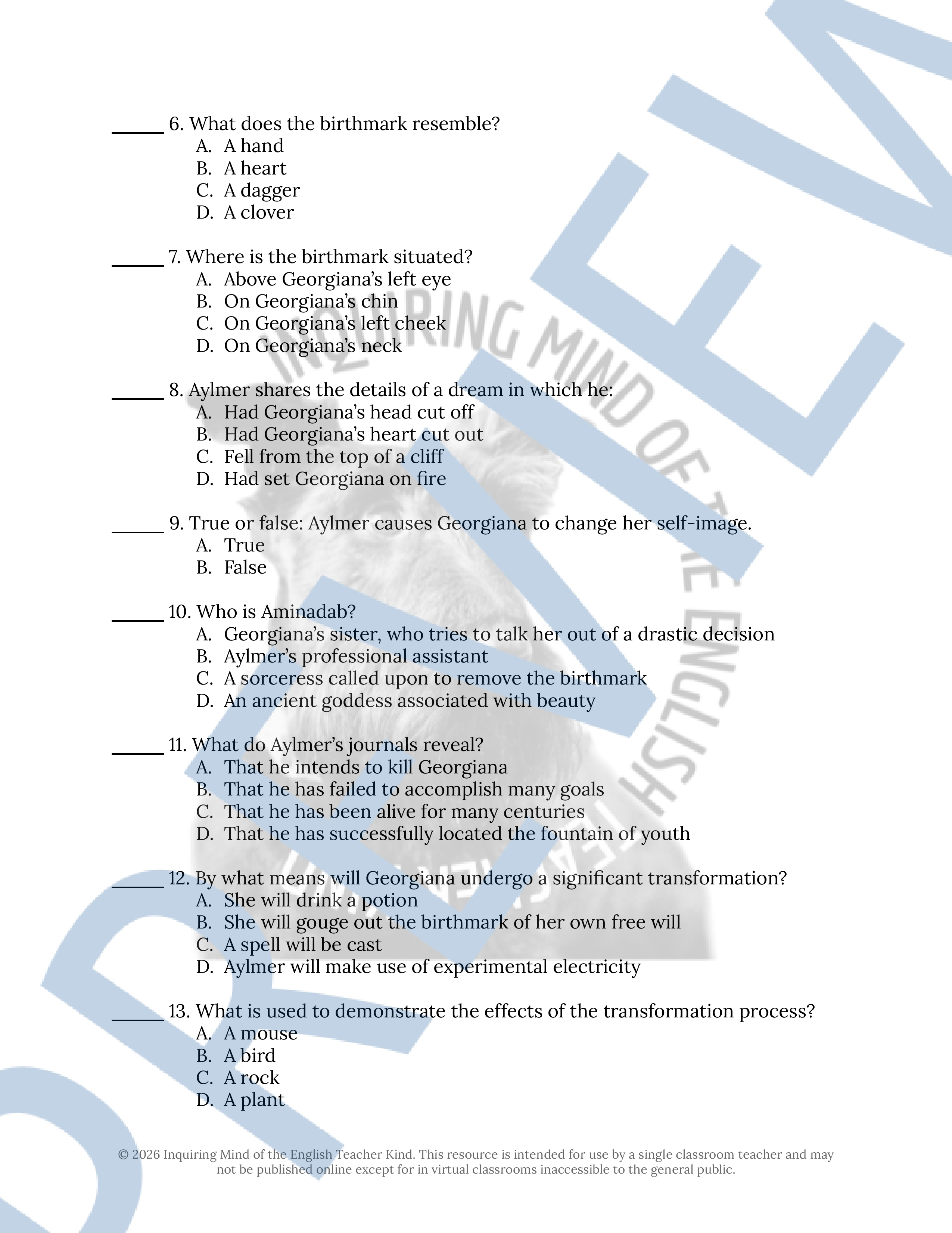 "The Birthmark" by Nathaniel Hawthorne Quiz and Answer Key | Teaching ...