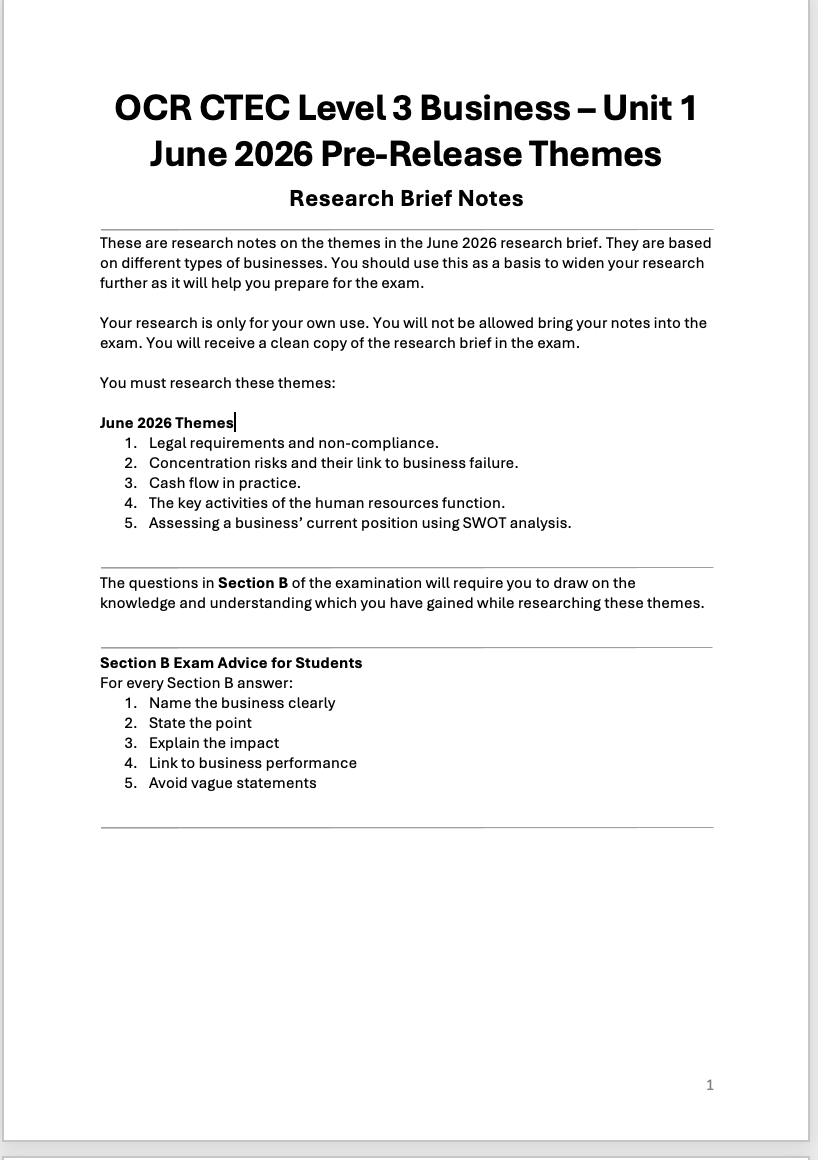 CTEC L3 Business Unit 1 | JUNE 2026 Pre-Release Research Notes ...