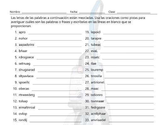 Household Chores and Cleaning Supplies Jumbled Words Spanish Worksheet ...