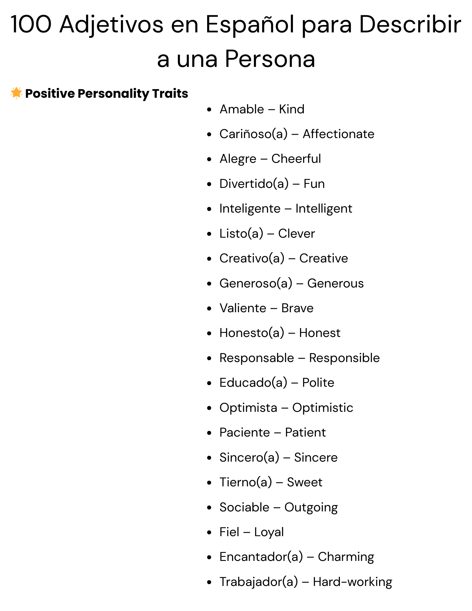 100 adjectives in spanish to describe someone | Teaching Resources