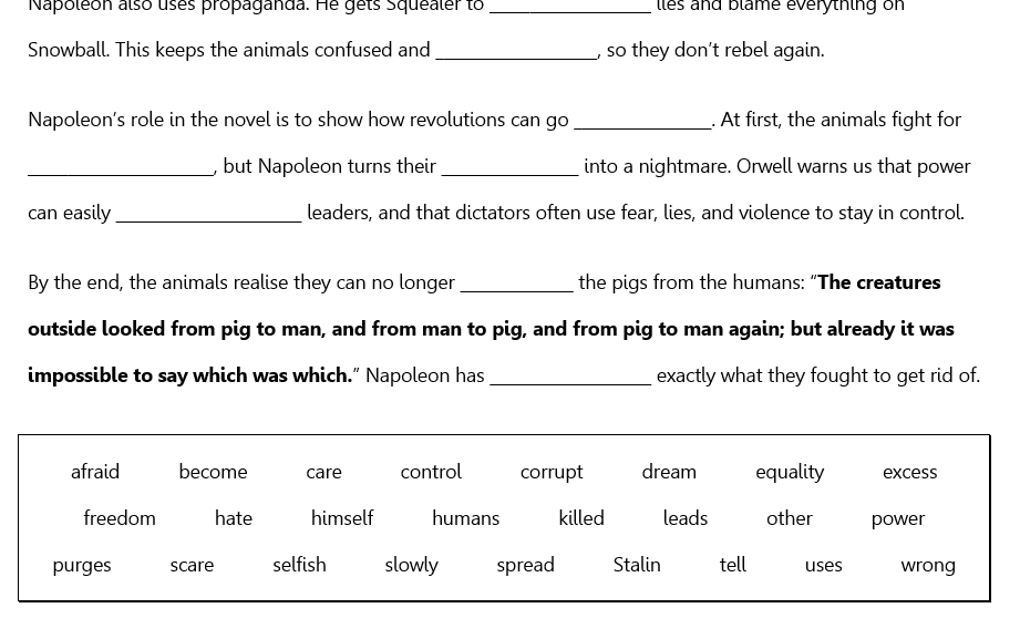 Animal Farm: Napoleon character analysis cloze, differentiated x4 ...
