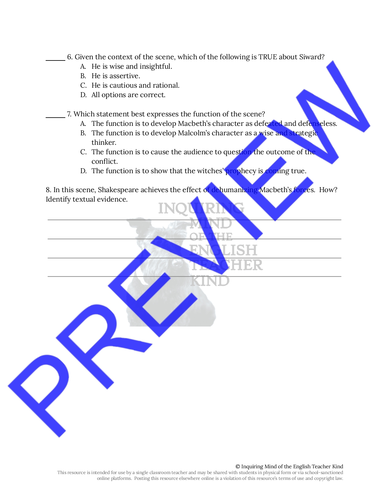 Macbeth Act 5 Scene 4 Close Reading Worksheet | Teaching Resources