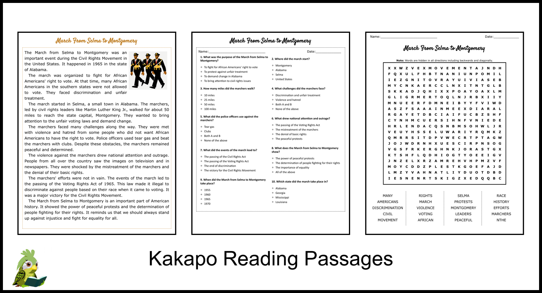 March From Selma to Montgomery Reading Comprehension and Word Search ...