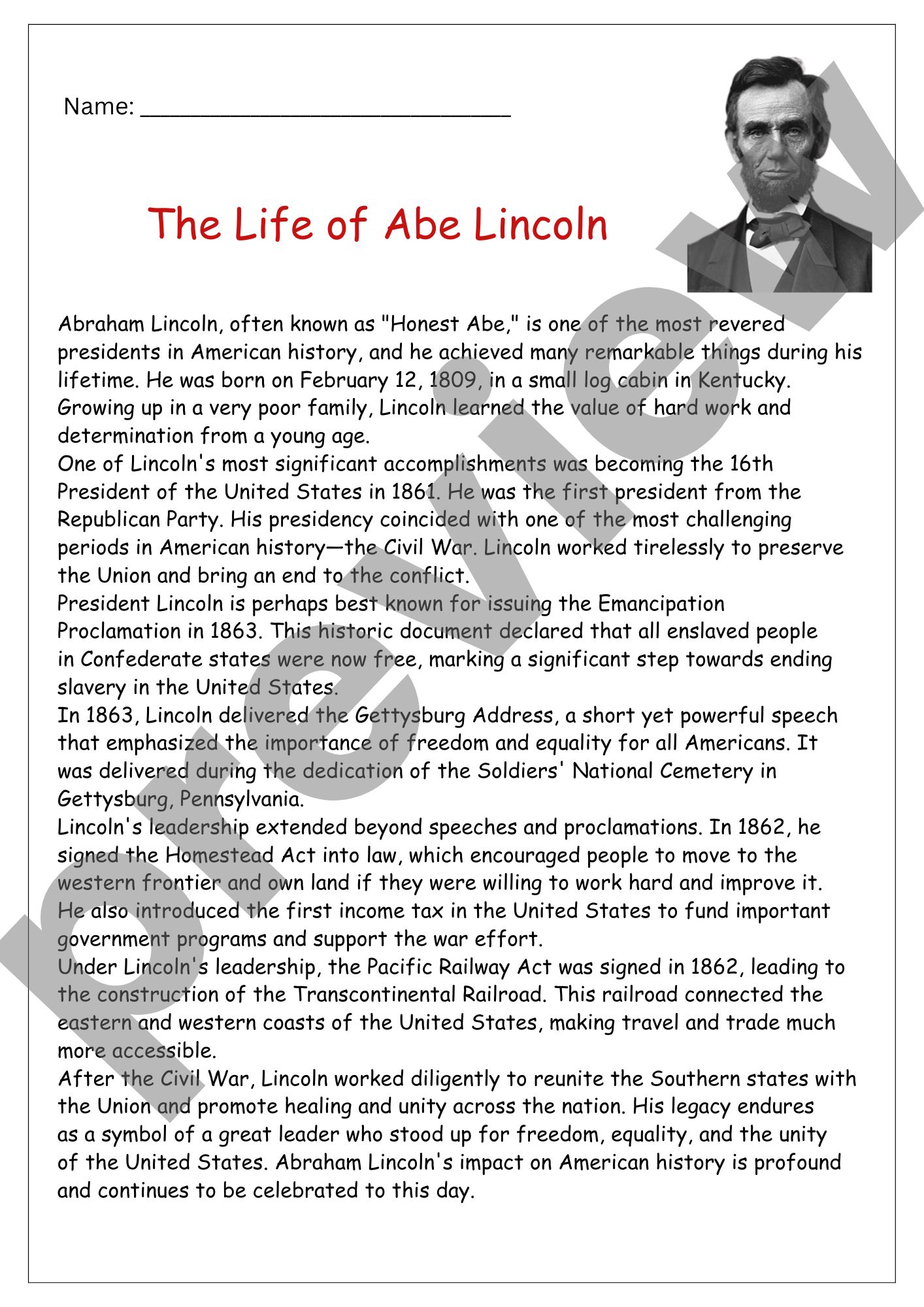 Abraham Lincoln Reading Comprehension Worksheets Free