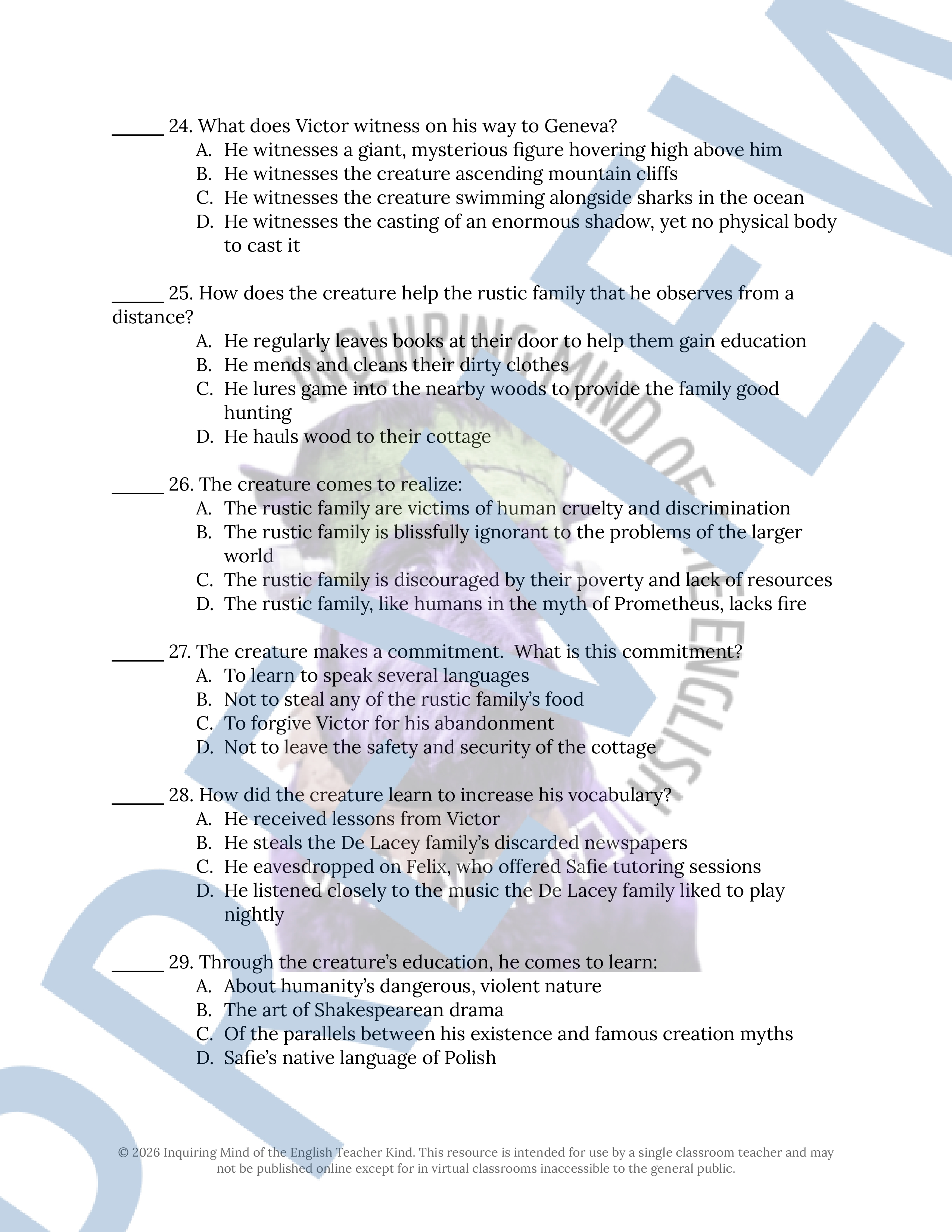 Frankenstein by Mary Shelley Test, Answer Key & Study Guide for High ...