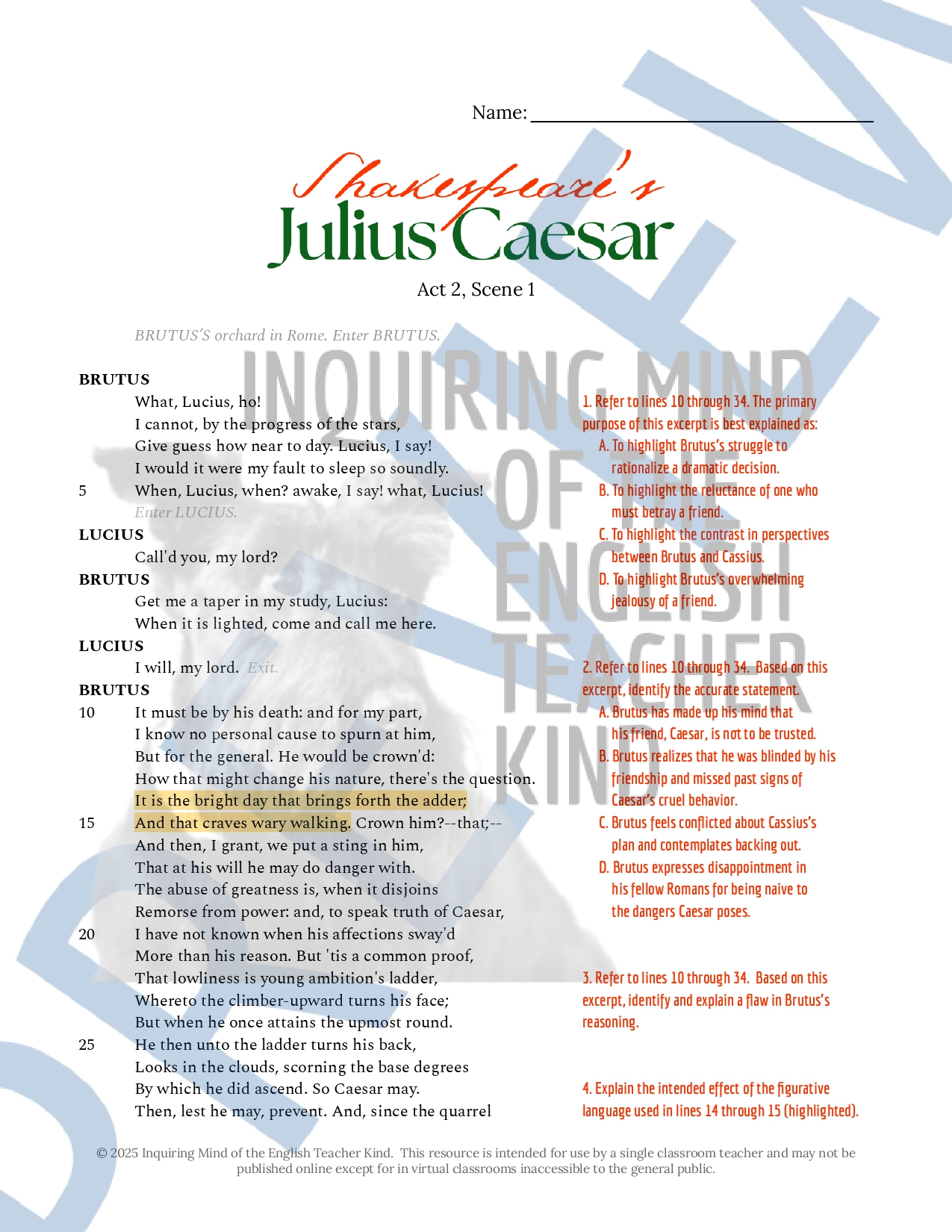 Julius Caesar Act 2 Scene 1 Close Reading Analysis Worksheet and Answer ...