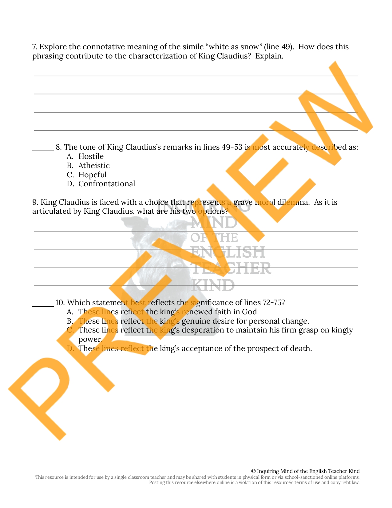Hamlet Act 3 Scene 3 Close Reading Worksheet | Teaching Resources