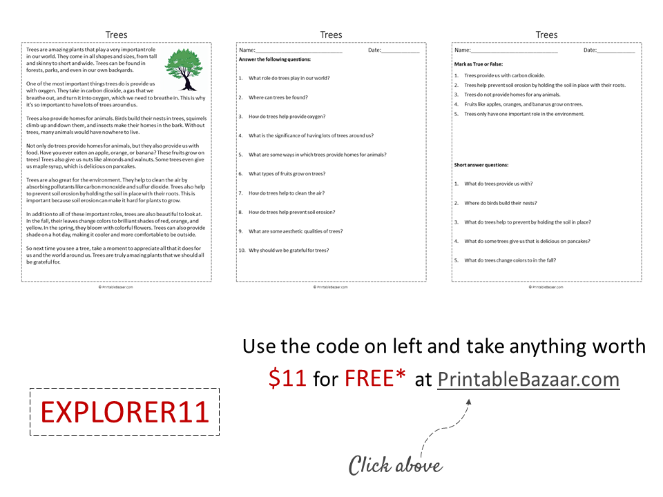 Trees Reading Comprehension Passage Printable Worksheet | Teaching ...