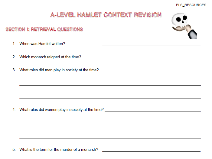 A-Level Literature Hamlet Context Revision Activity Sheets | Teaching ...