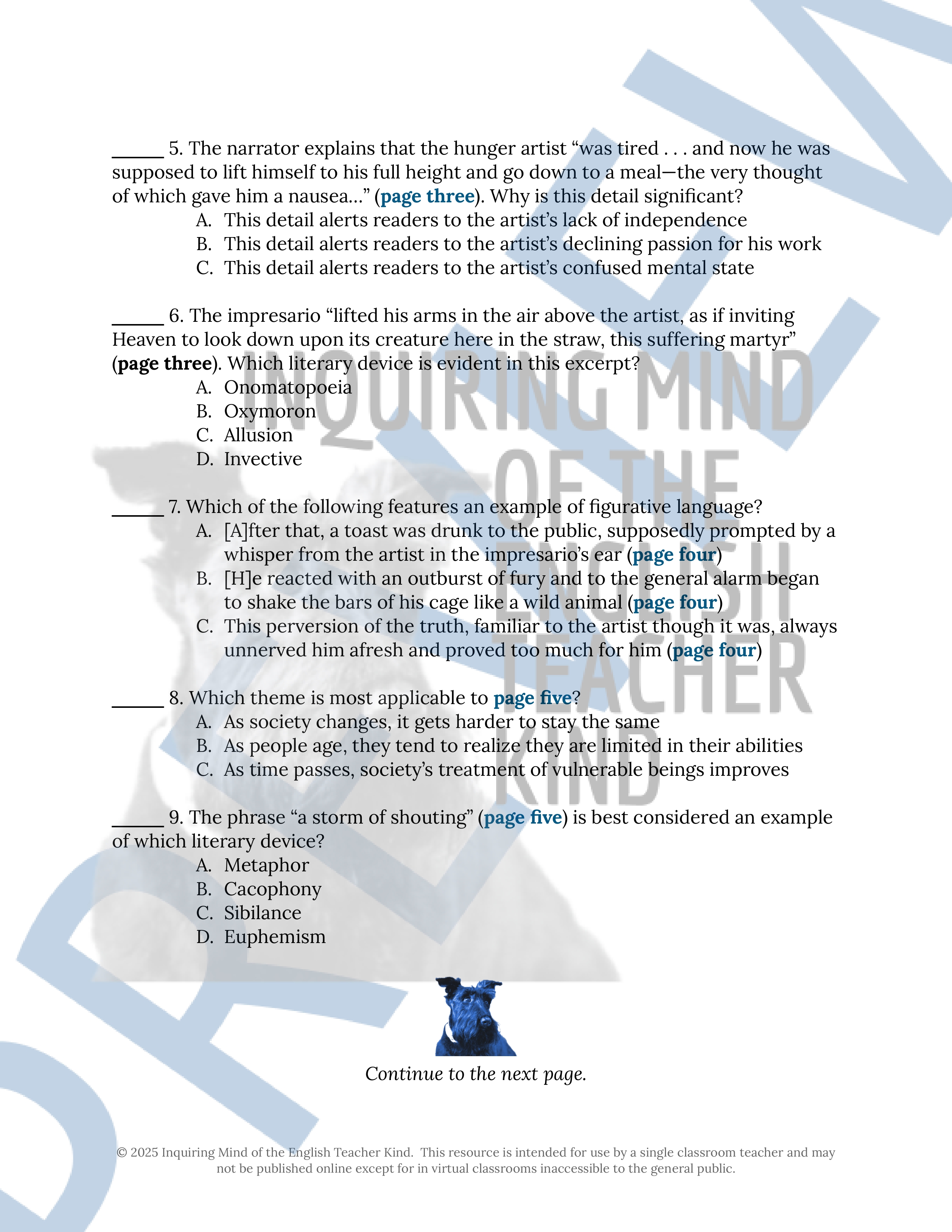 "A Hunger Artist" by Franz Kafka Close Reading Analysis Activity ...